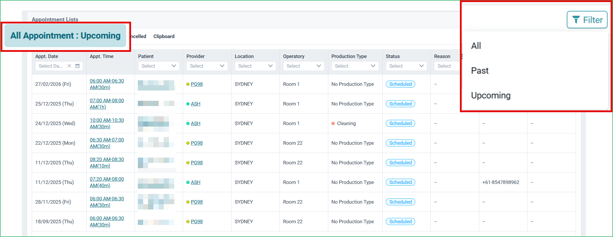 Overview of Appointments List (All Patients) – CareStack
